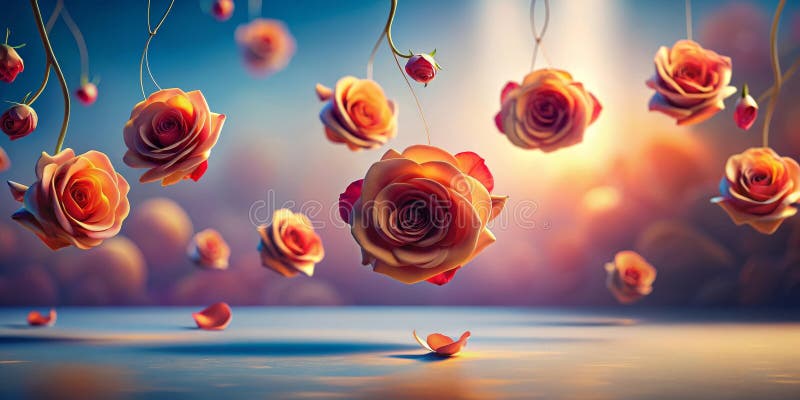 Ethereal Roses Suspended in Soft Light, Falling Petals on a Smooth ...