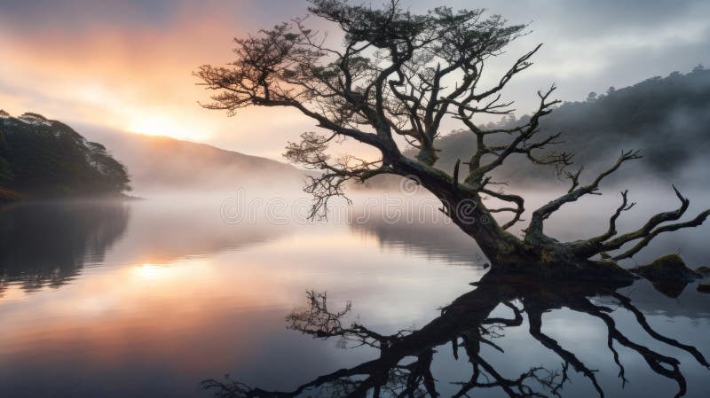 Ethereal Scene of Water and Ancient Trees Stock Illustration ...
