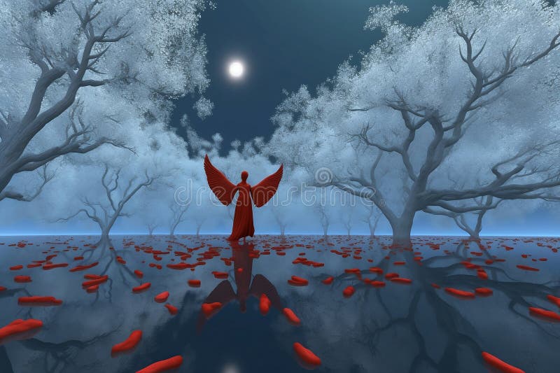 Ethereal Scenery with White Trees and Fantasy Angels Stock Illustration ...