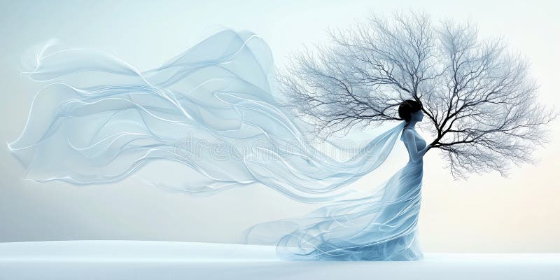 Ethereal Silhouette of a Woman in Flowing Gown Merging with a Bare Tree ...