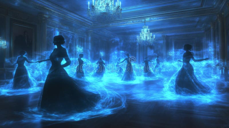 Ethereal Silhouettes of Women Dancing in a Blue-Lit Hall Stock ...