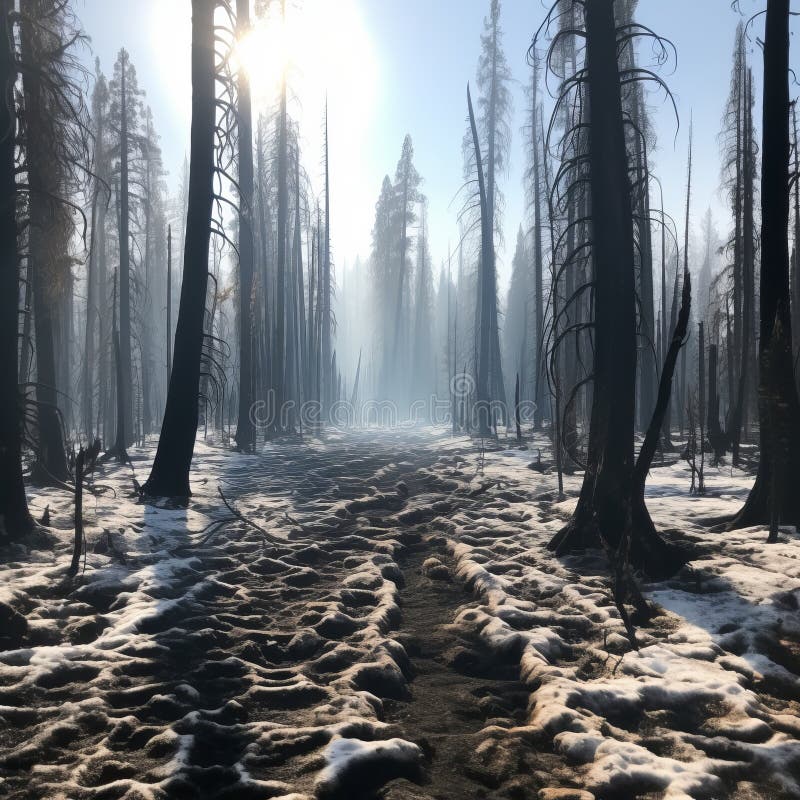 Ethereal Snow Scene: a Captivating Image of a Burned Forest Stock ...