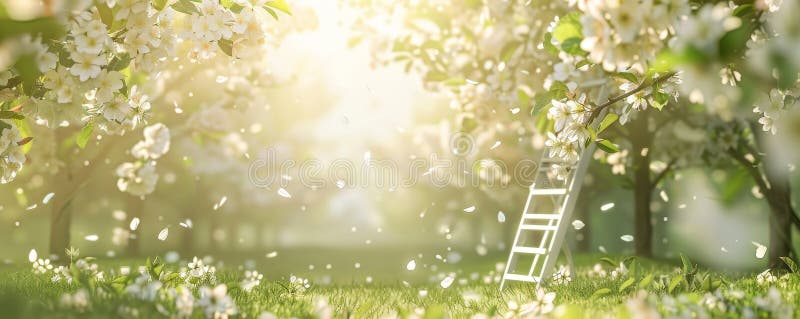 Ethereal Spring Orchard Scene with Ladder and Fluttering Blossoms Stock ...