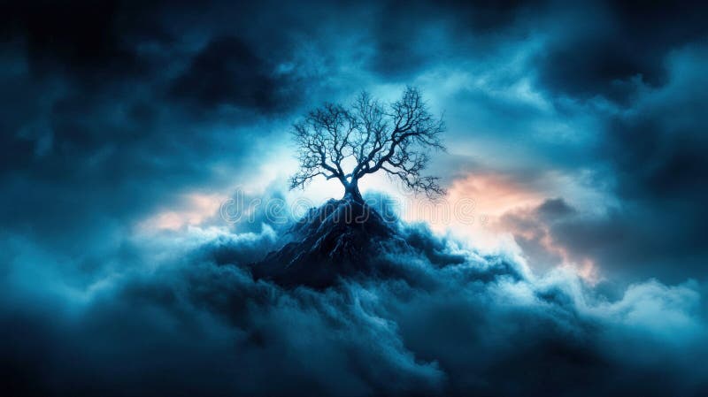 Ethereal Tree Growing on a Cloud with Roots Suspended in a Dark Sky ...