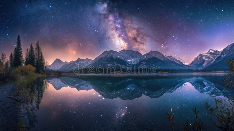 Ethereal Universe: Milky Way Casts Its Glow on Lake. Stock Illustration ...