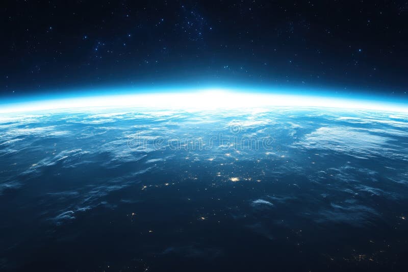 Ethereal View of Earth from Space with Glowing Horizon and Starry Sky ...