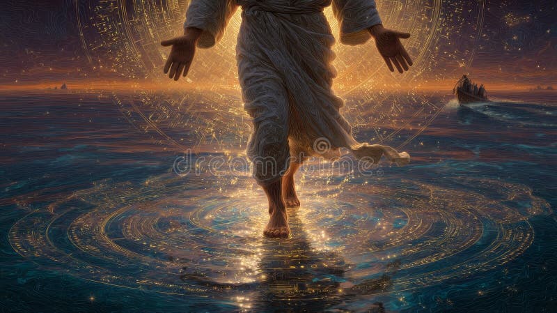 Ethereal Vision of Jesus Walking on Water at Sunset, Surrounded by ...