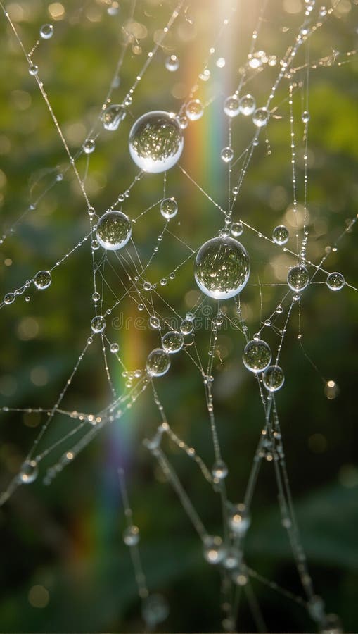 Ethereal Water Droplets Refracting Light on Spider Silk Stock ...
