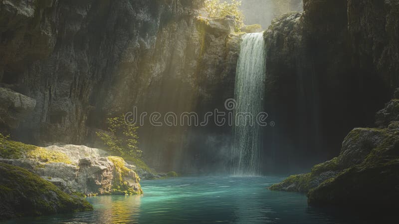 Ethereal Waterfall Cascading into Tranquil Turquoise Pool, Surrounded ...