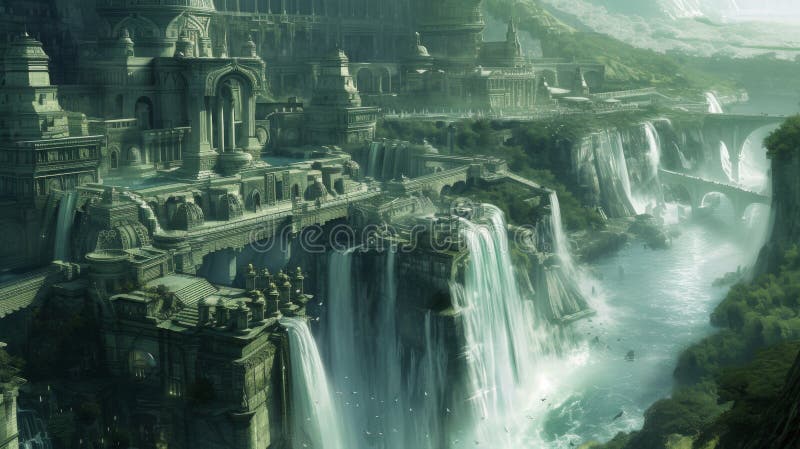 Ethereal Waterfall Civilization with Ancient Stone Architecture Stock ...