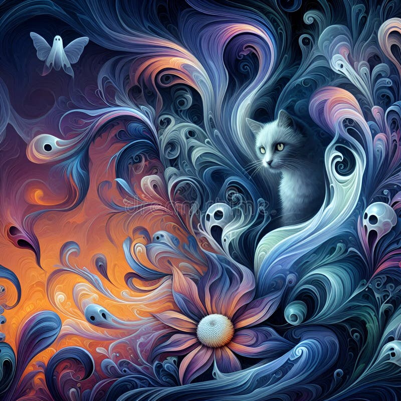 Ethereal Waves: Background with Water Patterns and Cat Spirit ...