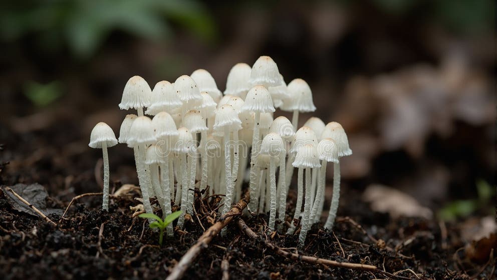 Ethereal White Mushrooms in a Damp Forest Setting Stock Illustration ...
