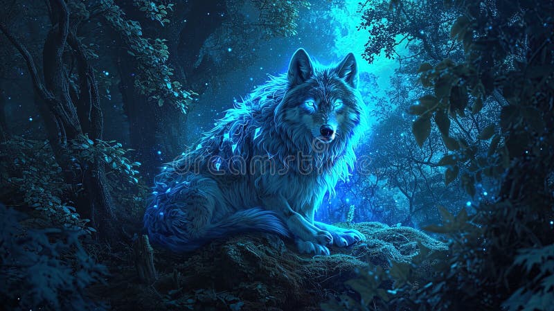Ethereal Wolf in Mystical Forest Stock Illustration - Illustration of ...