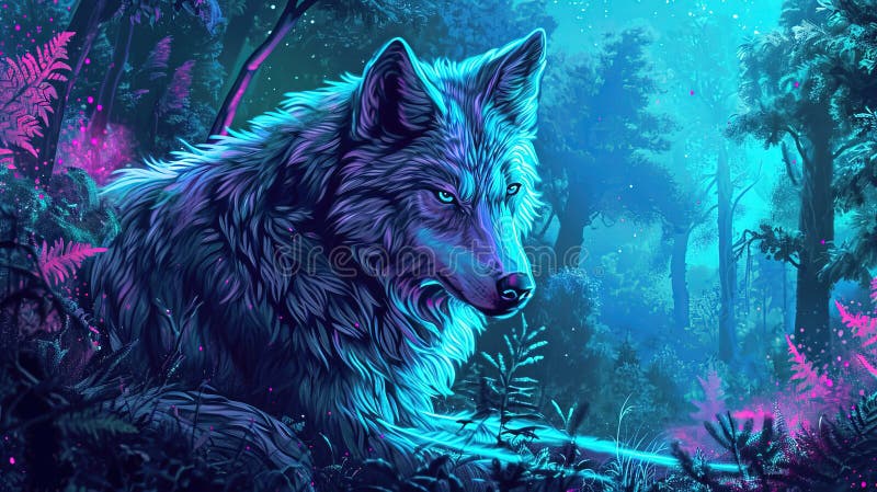 Ethereal Wolf in Mystical Forest Stock Illustration - Illustration of ...