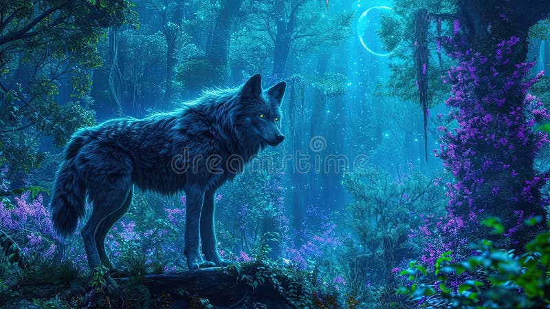 Ethereal Wolf in Mystical Forest Stock Illustration - Illustration of ...