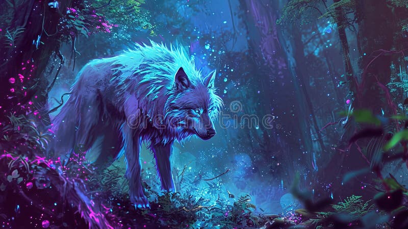 Ethereal Wolf in Mystical Forest Stock Illustration - Illustration of ...