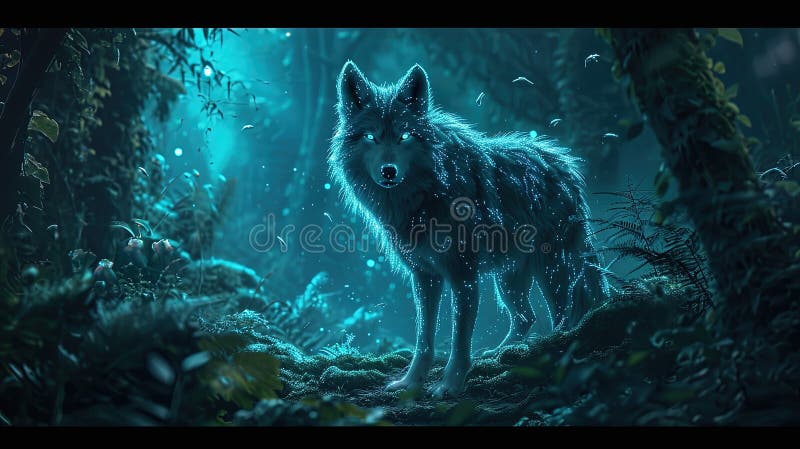 Ethereal Wolf in Mystical Forest Stock Illustration - Illustration of ...