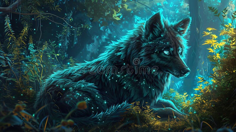 Ethereal Wolf in Mystical Forest Stock Illustration - Illustration of ...