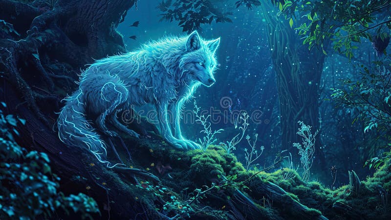 Ethereal Wolf in Mystical Forest Stock Illustration - Illustration of ...