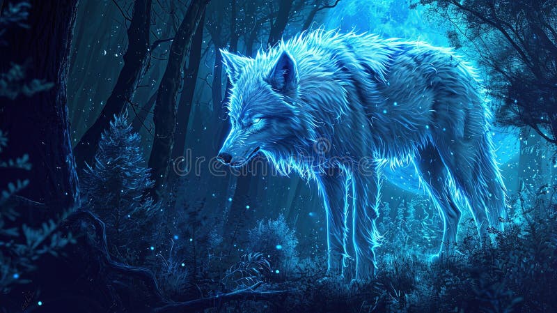 Ethereal Wolf in Mystical Forest Stock Illustration - Illustration of ...