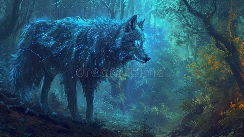 Ethereal Wolf in Mystical Forest Stock Illustration - Illustration of ...