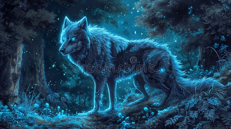 Ethereal Wolf in Mystical Forest Stock Illustration - Illustration of ...