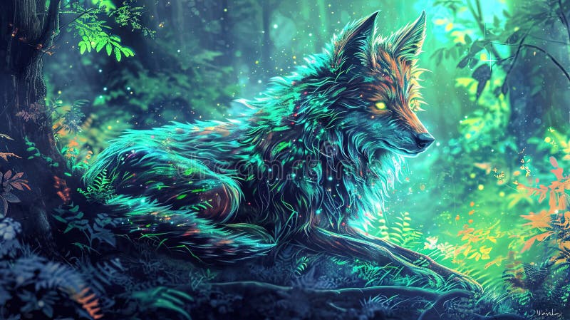 Ethereal Wolf in Mystical Forest Stock Illustration - Illustration of ...