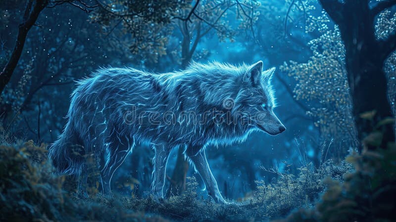 Ethereal Wolf in Mystical Forest Stock Illustration - Illustration of ...