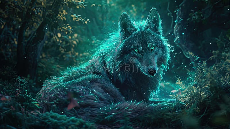 Ethereal Wolf in Mystical Forest Stock Illustration - Illustration of ...