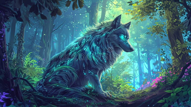 Ethereal Wolf in Mystical Forest Stock Illustration - Illustration of ...