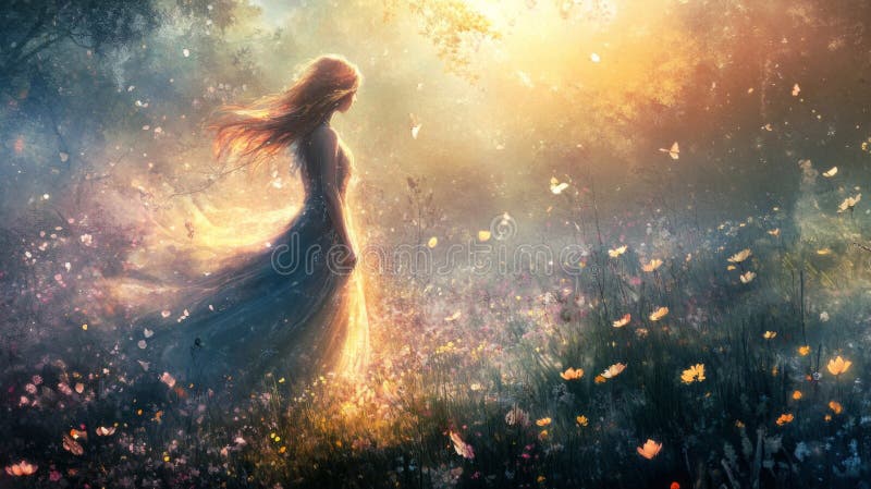 Ethereal Woman in a Magical Flower Field Stock Illustration ...