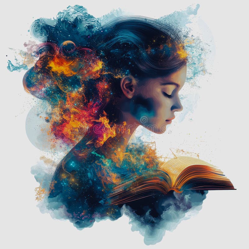 Ethereal Woman with Open Book Surrounded by Colorful Cosmic Elements ...