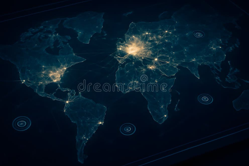 An Ethereal World Map Displaying Glowing Points of Light and Lines ...