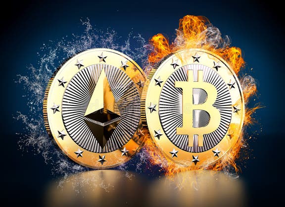 Ethereum and Bitcoin editorial image. Illustration of fire - 102326895