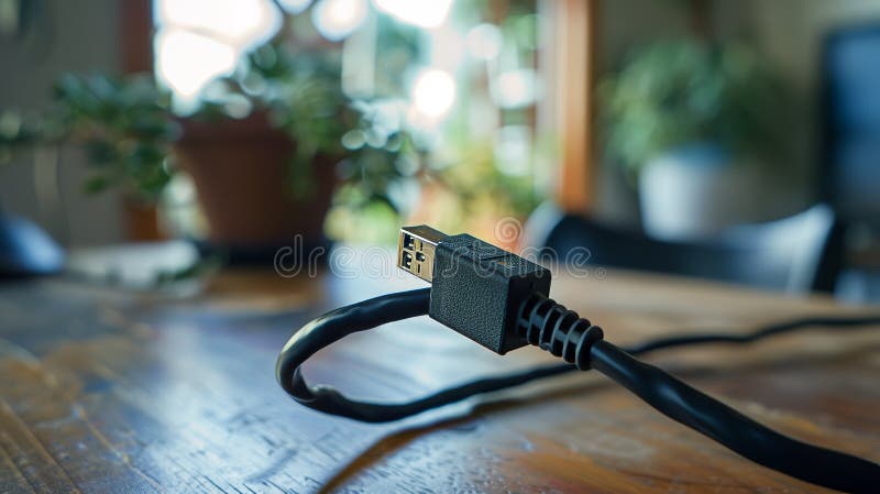 Ethernet Cable Plug with Blue Light, Close-up on a Wooden Surface ...