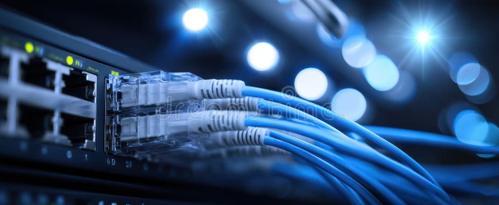 The Ethernet Cables Connecting To a Network Switch with Blue Lighting Effects..AI Generated ...