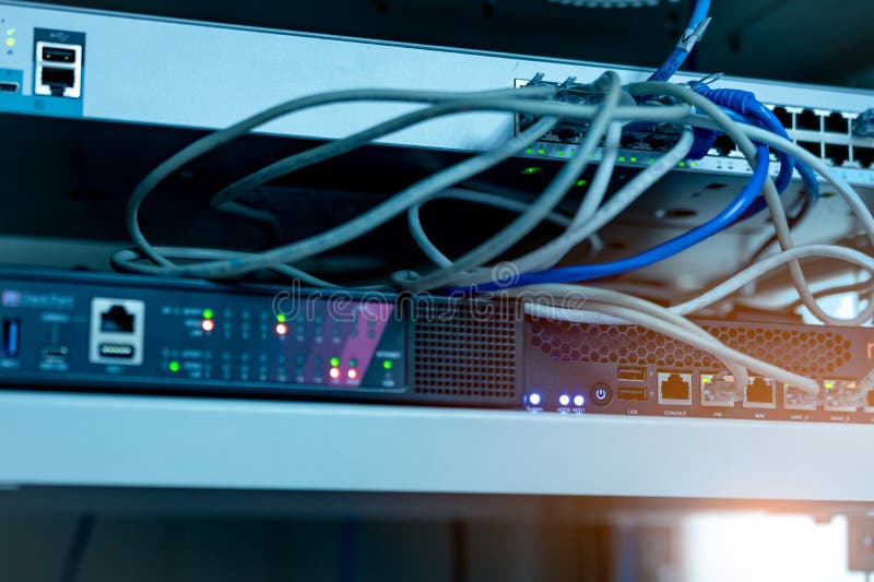 Ethernet Cables and Network Switch in Data Center. Wifi Plug of ...