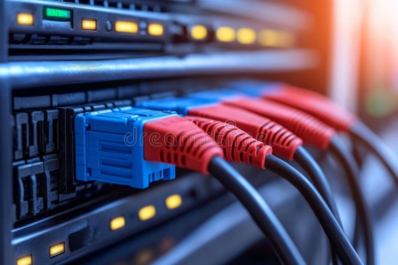 Ethernet Cables Plugged into a Network Switch with Glowing Blue and Red ...