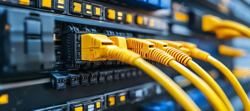 Ethernet Network Switch with Connected Yellow Network Cables, Structred ...