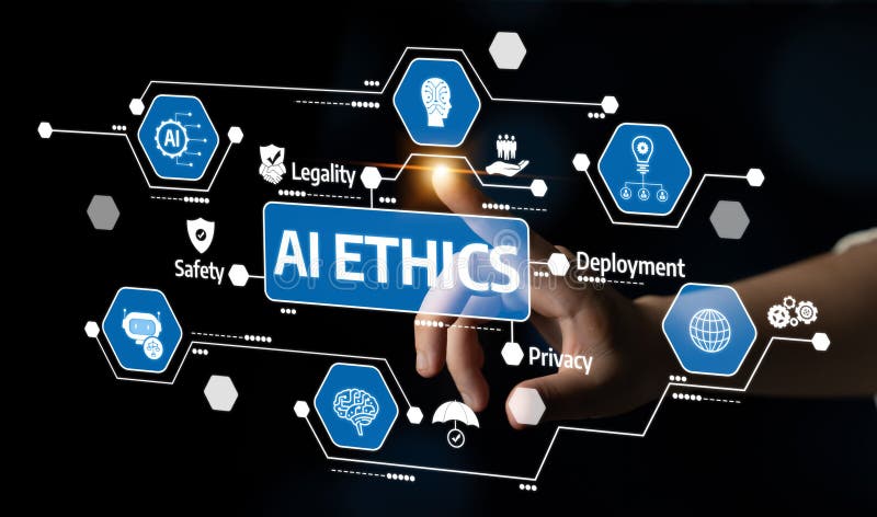 Ethical Considerations in Artificial Intelligence with Icons Representing Safety, Legality ...