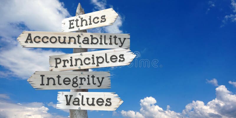 Ethics, Accountability, Principles, Integrity, Values - Wooden Signpost ...