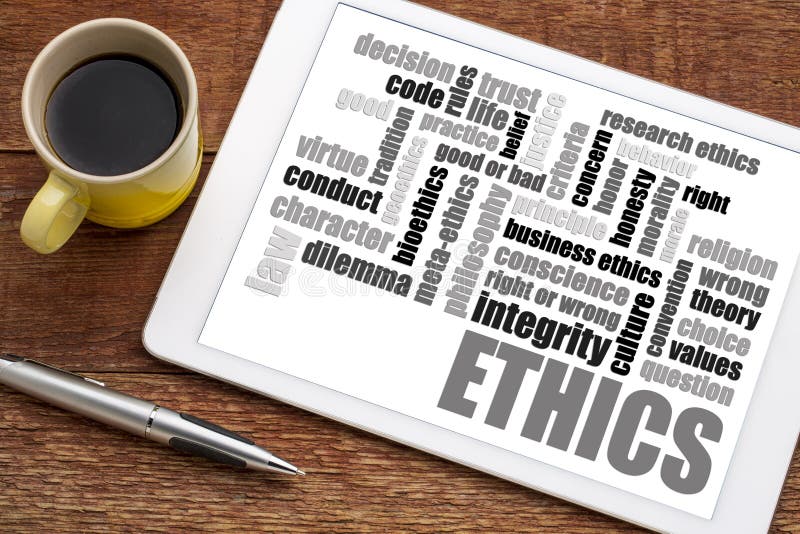 Ethics Word Cloud on Tablet with Coffee Stock Photo - Image of virtue ...