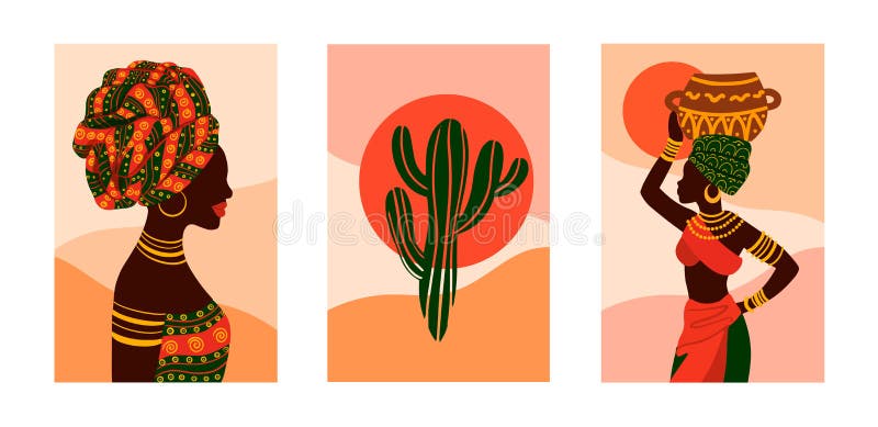 Ethnic Background with African Woman, Vector Poster Set Stock Vector ...