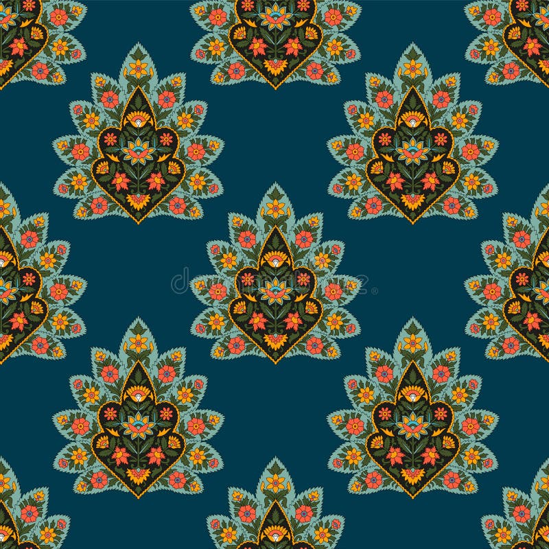 Ethnic Damask Flower and Leaves Bunch Seamless Pattern in Retro Style ...