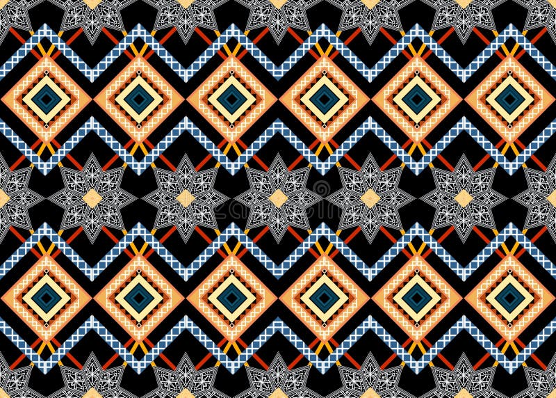 Ethnic Geometric Pattern with Diamonds and Zigzags in Orange, Yellow ...