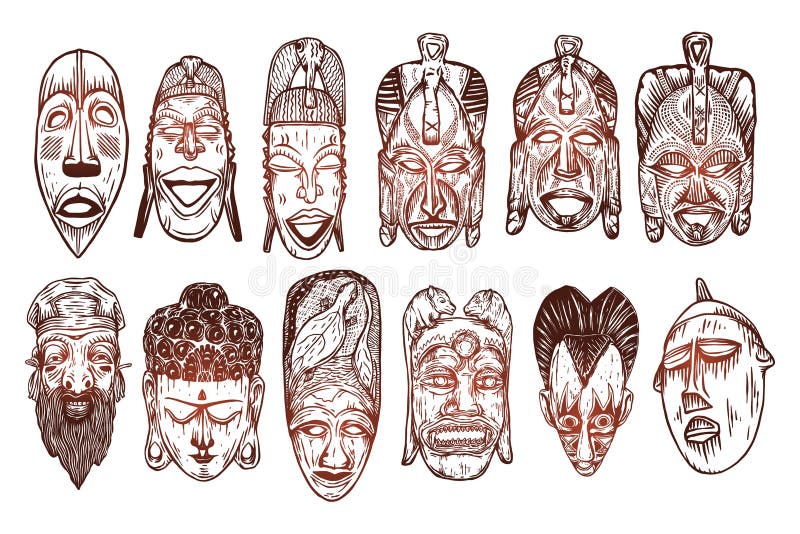 Ethnic Mask Set Vector Illustration - Hand Drawn - Out Line Stock ...