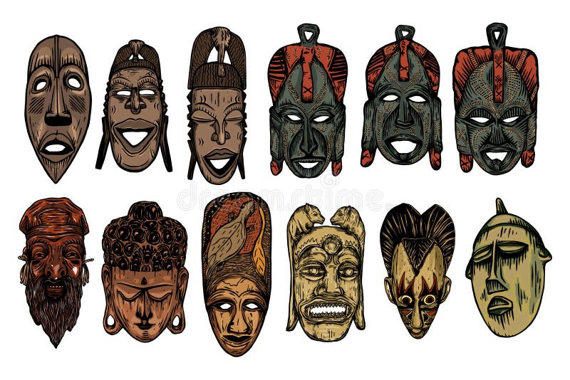 Ethnic Mask Set Vector Illustration - Hand Drawn Stock Illustration ...