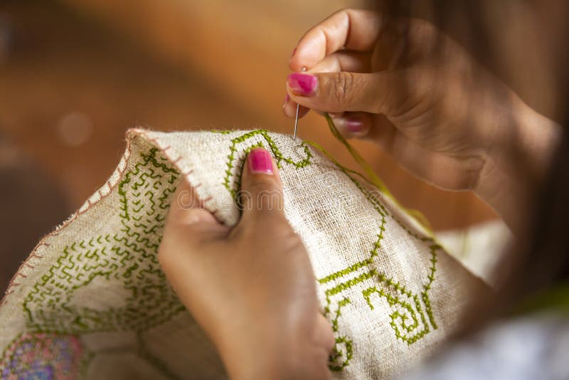 Ethnic Woman Sewing the Traditional Pattern Stock Photo - Image of ...