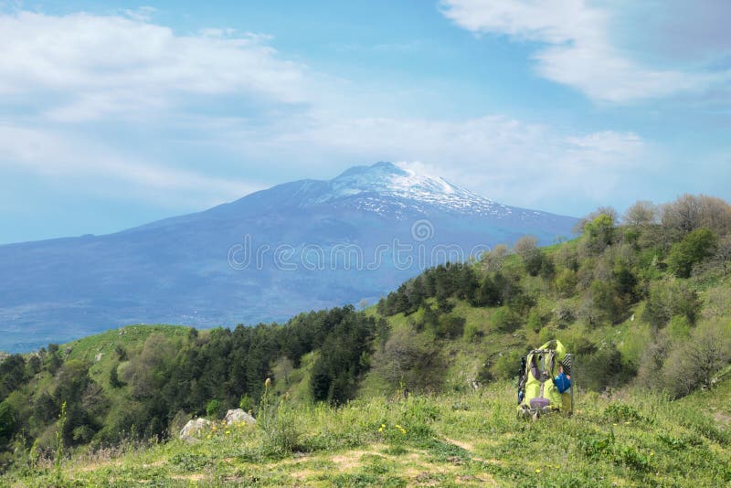 Etna Mount Scene with Green Backpack Stock Image - Image of rural ...