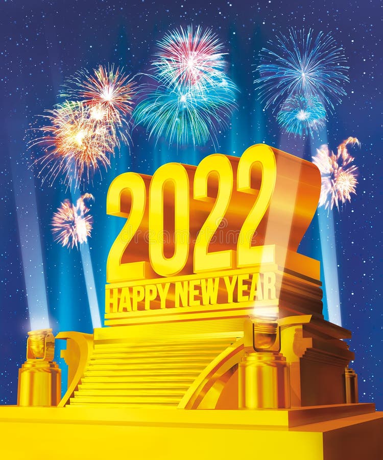 Ett Gyllene, Lyckligt Nytt år 2022 På En Plattform Mot Stjärnnattning ... Ett Gyllene, Lyckligt Nytt år 2022 På En Plattform Mot Stjärnnattning ...